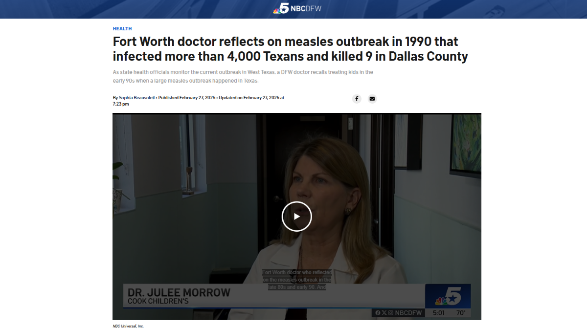 NBCDFW: Fort Worth doctor reflects on measles outbreak in 1990