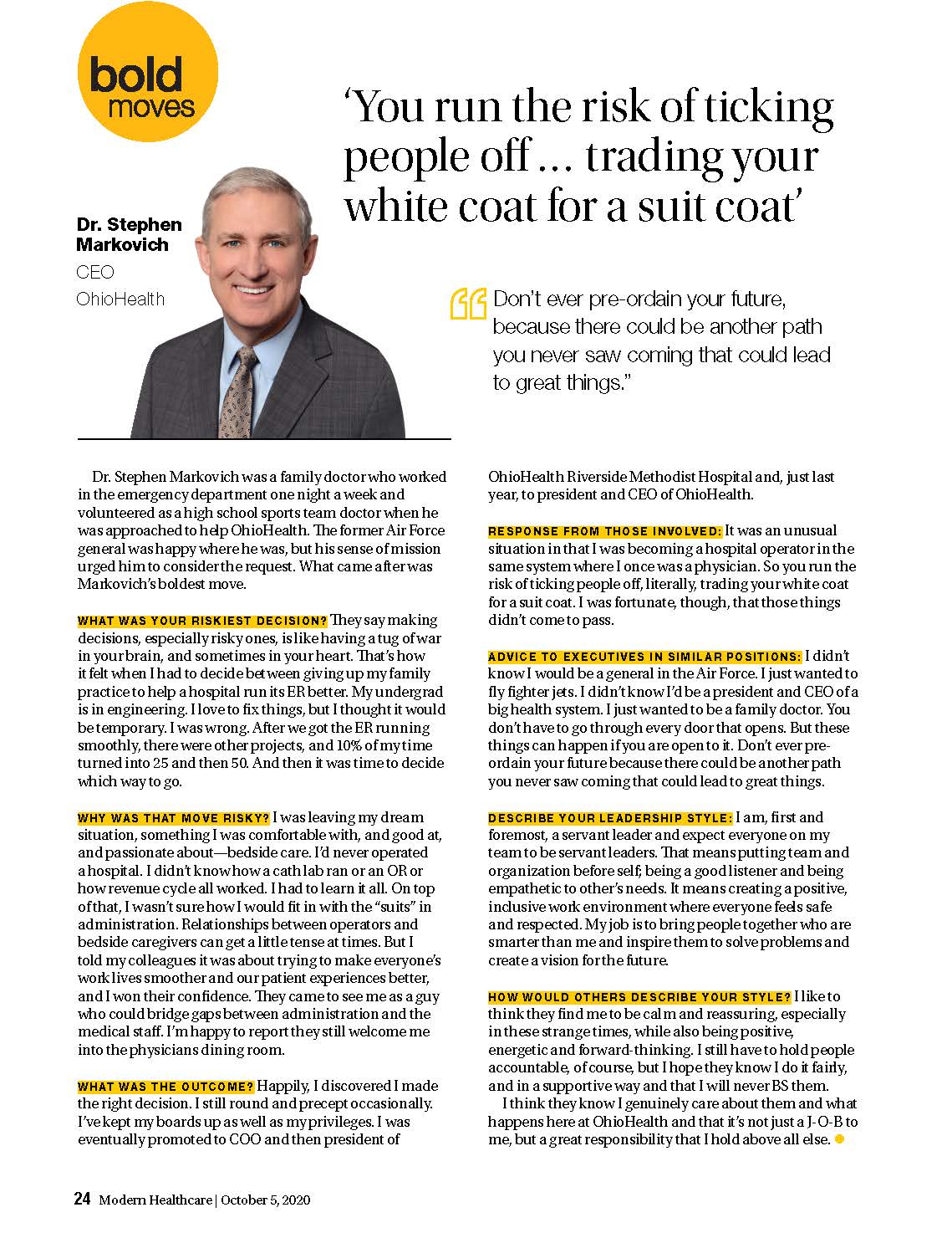 Modern Healthcare: OhioHealth CEO's Big Decision
