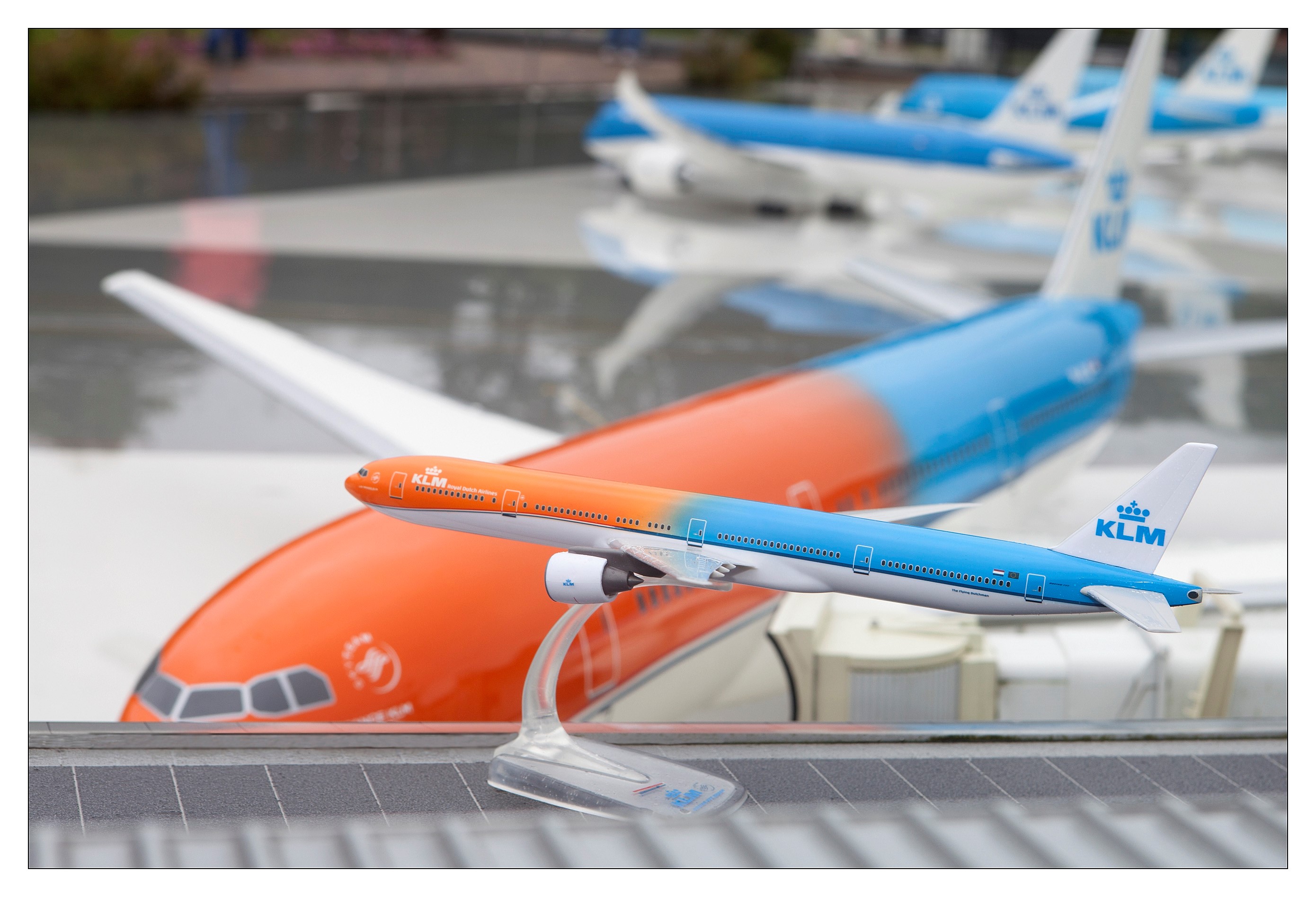 Orange KLM Boeing 777 lands at Madurodam Airport