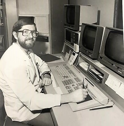 Mike Simmons sitting at first OSF MRI in 1985