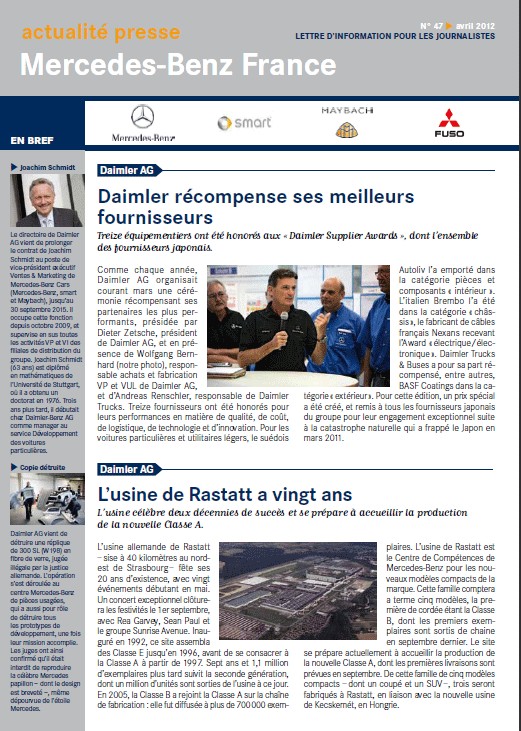 La lettre d'information de Mercedes-Benz France de MAI 2012 est en ligne