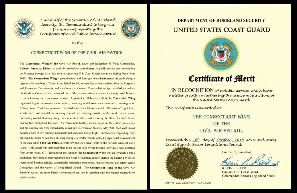 U.S. Coast Guard Honors Connecticut Wing for Critical Air Support in FY18