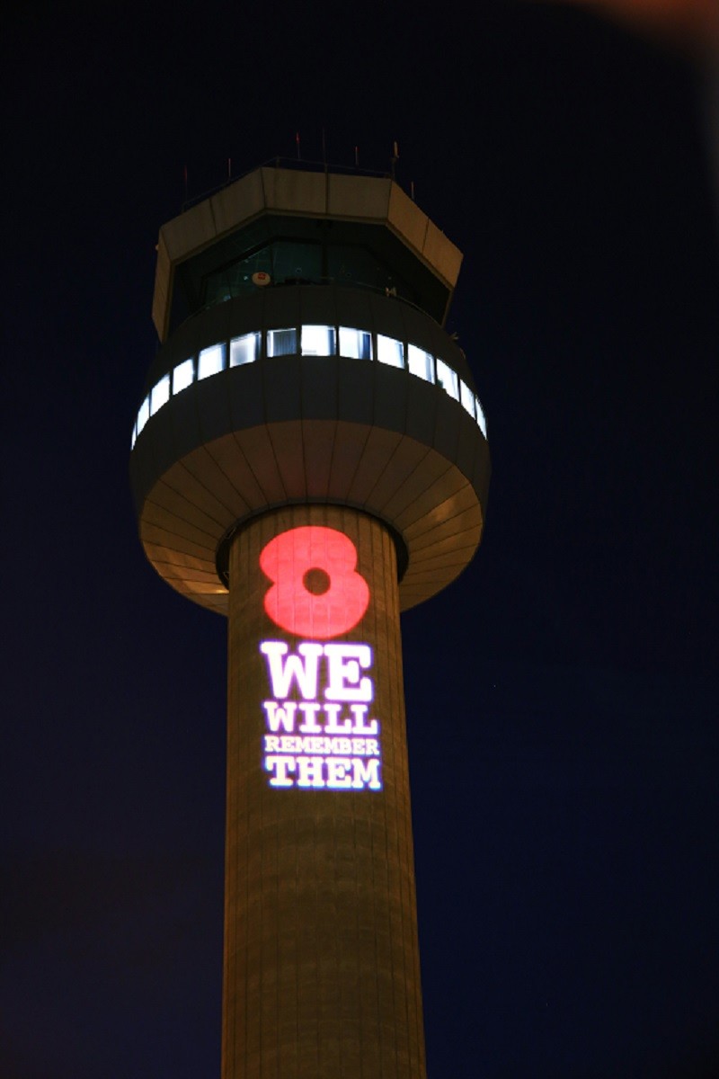 East Midlands Airport control tower Remembrance illumination