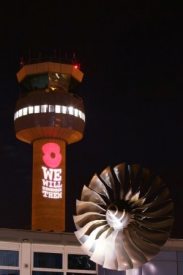 East Midlands Airport control tower Remembrance illumination