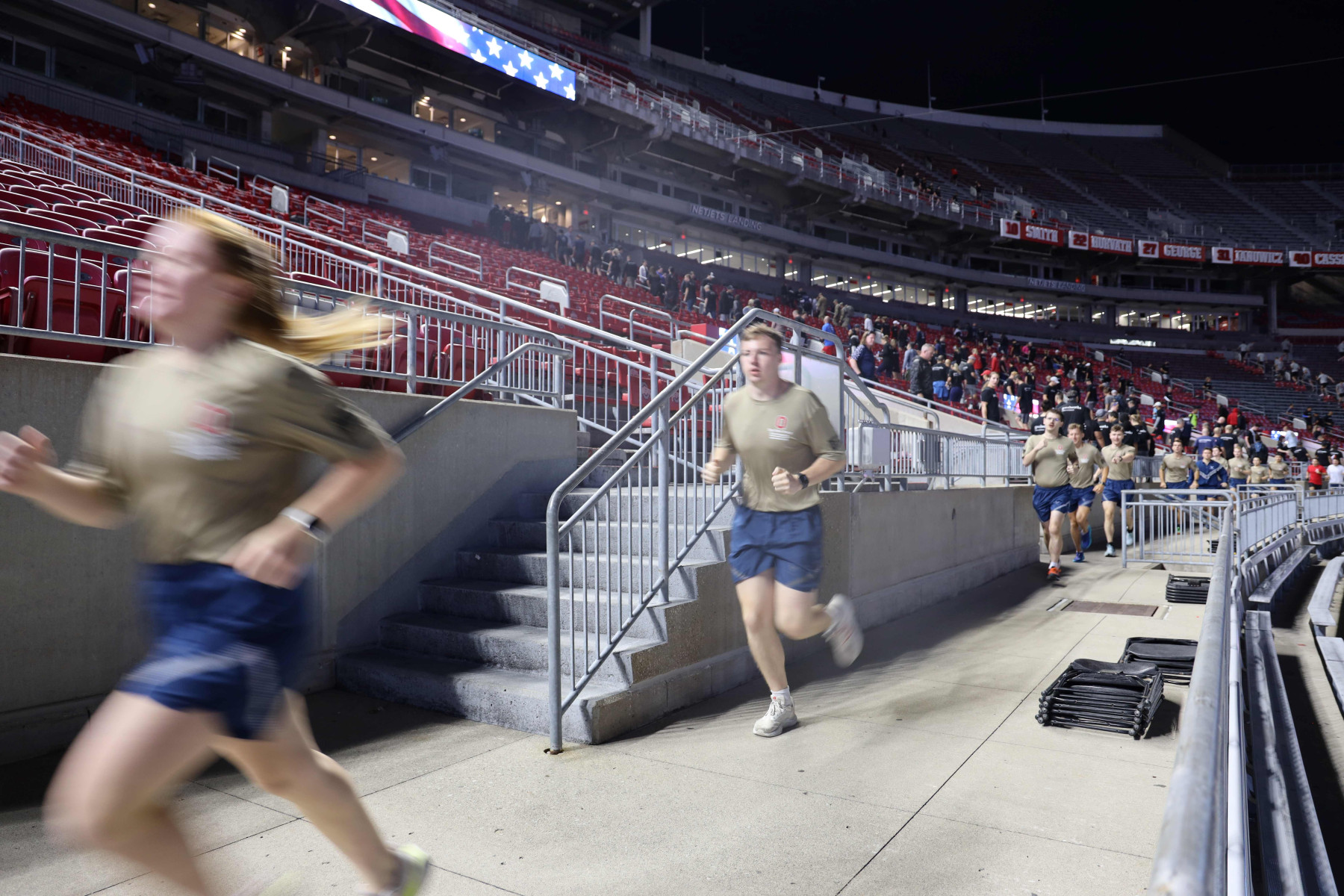 Air Force ROTC cadets run during the annual stair climb at Ohio State