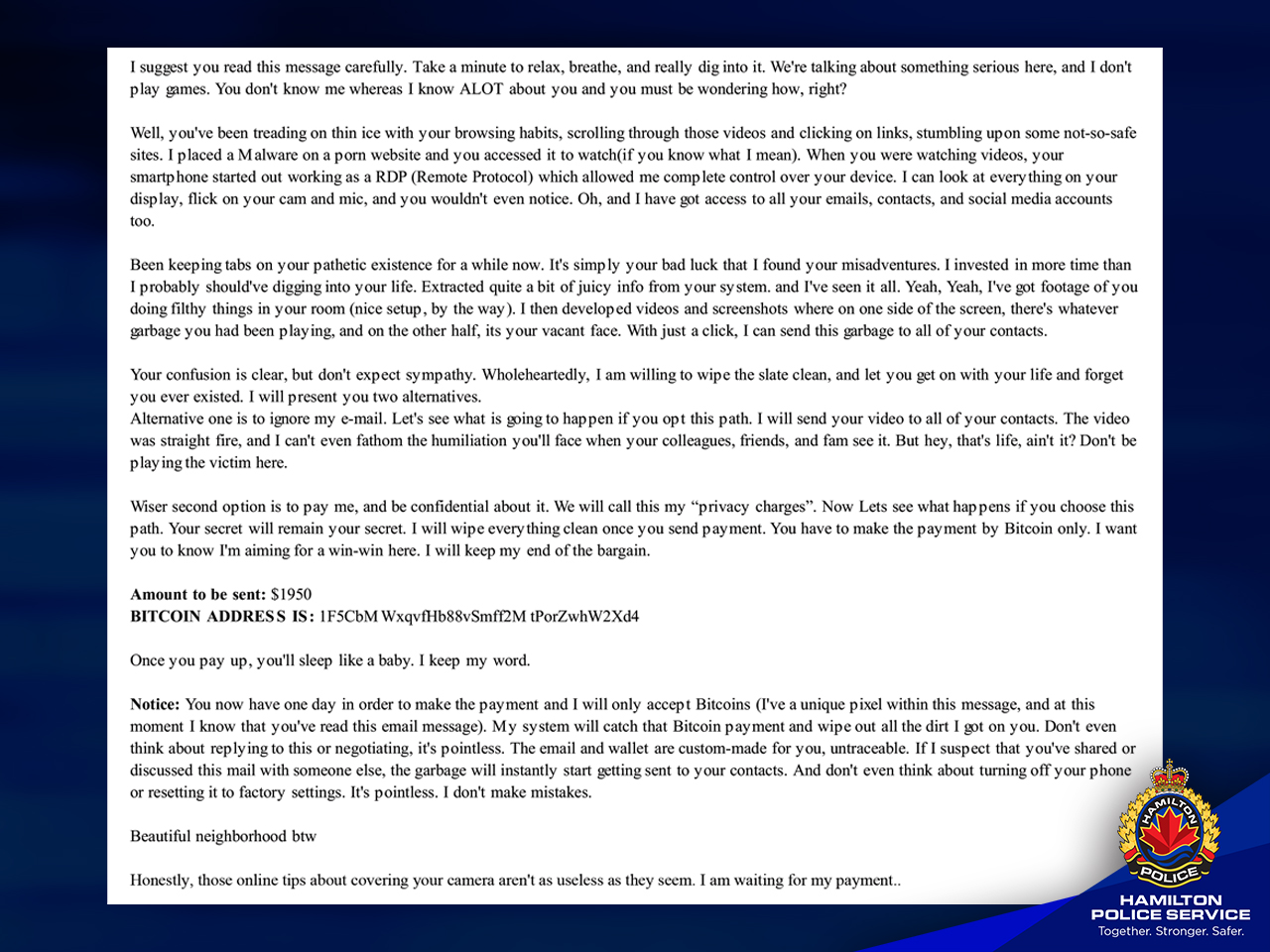 Hamilton Police Warn Public about Bitcoin Extortion Scam