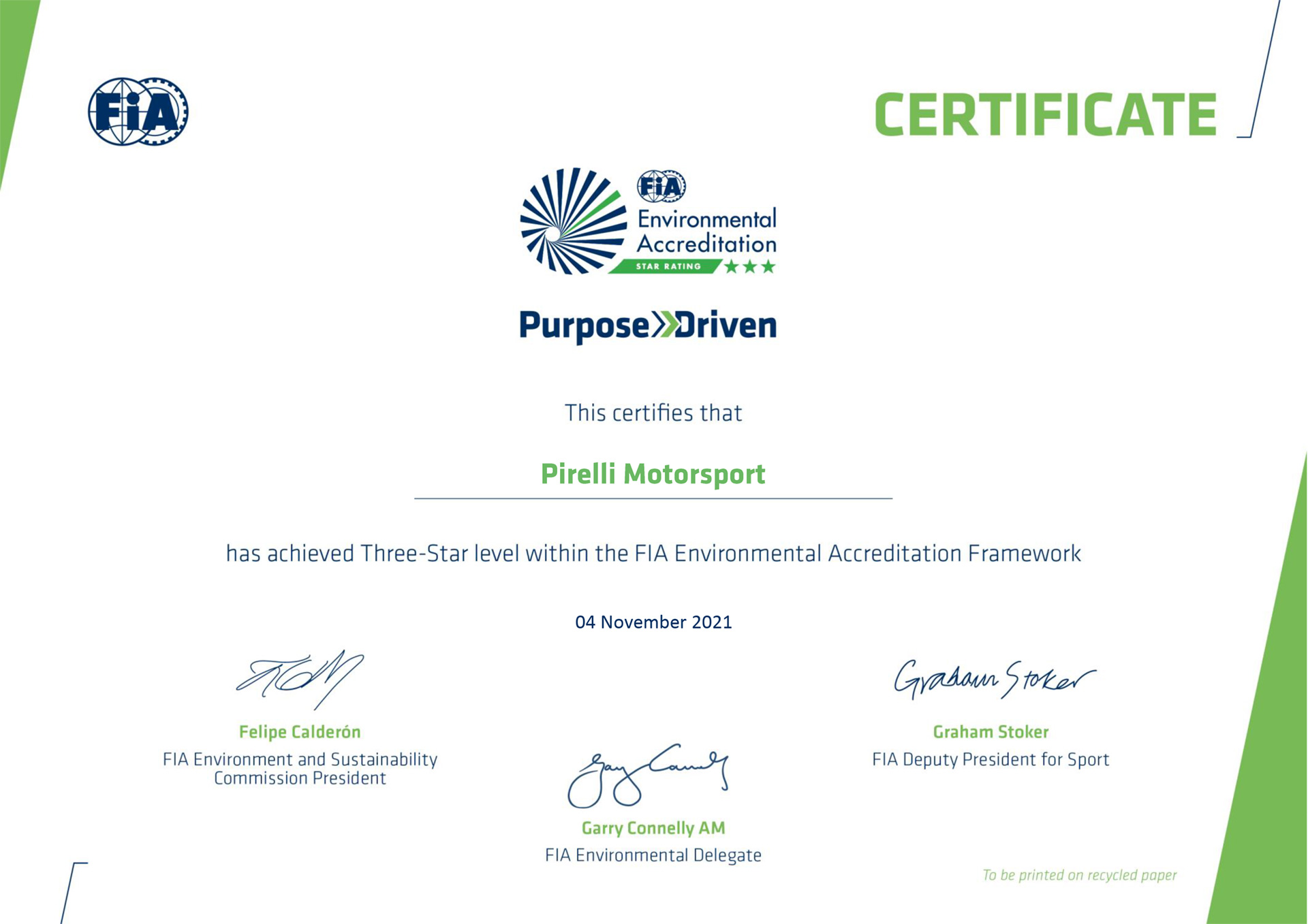 PIRELLI AWARDED FIA’S THREE-STAR ENVIRONMENTAL ACCREDITATION