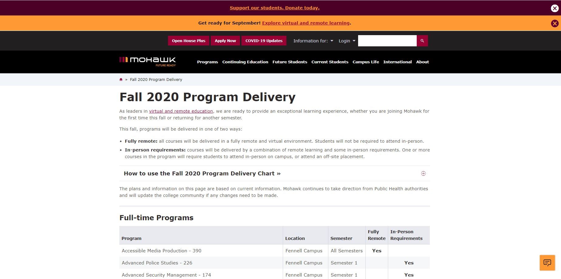 Fall 2020 Program Delivery website launched