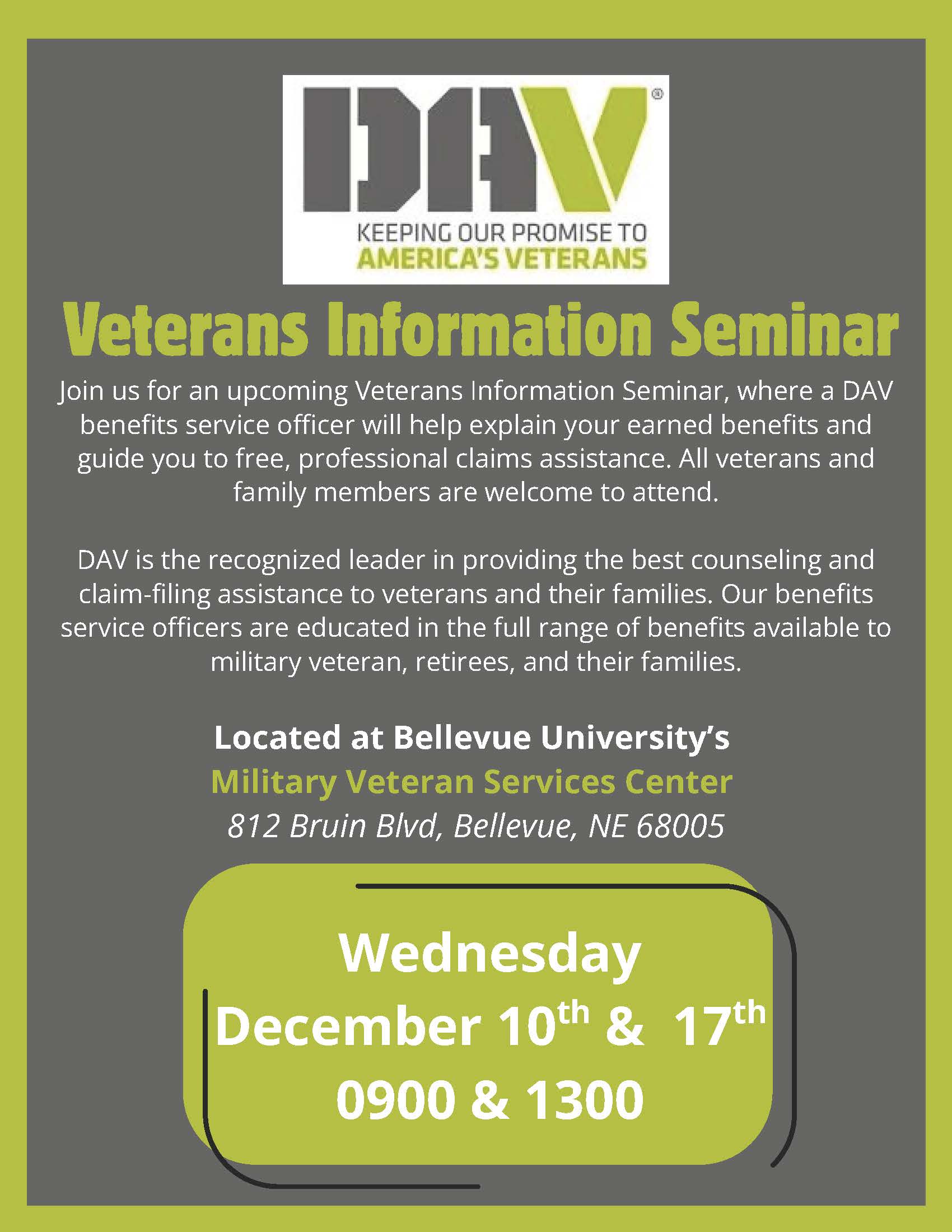 Free DAV Info Seminars for Veterans at Bellevue U