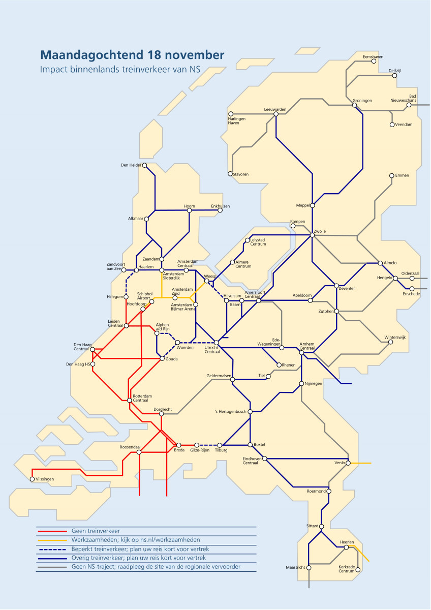 Staking ProRail, maandagochtend forse hinder in Zuid-Holland, Zeeland en West-Brabant