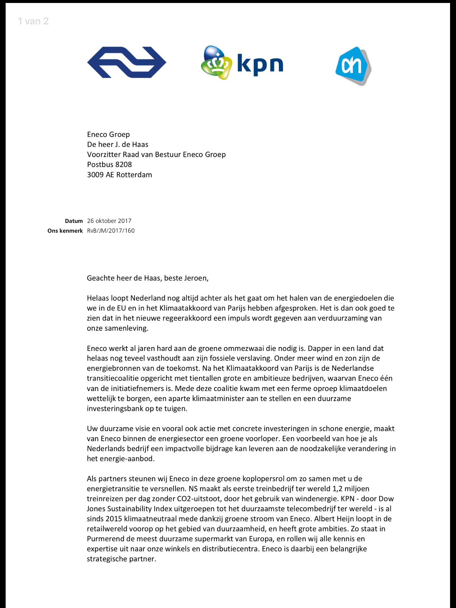 Brandbrief NS, KPN en AH: Zorgen om duurzame koers Eneco