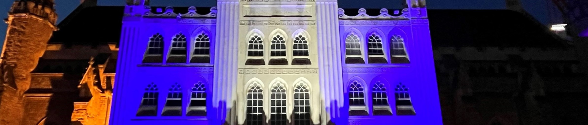 Guildhall illuminated in colours of Israeli flag